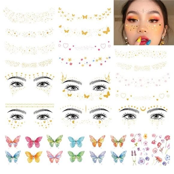 Makeup | 32 Sheets Face Temporary Tattoo 2 Sheets Glitter Metallic ...